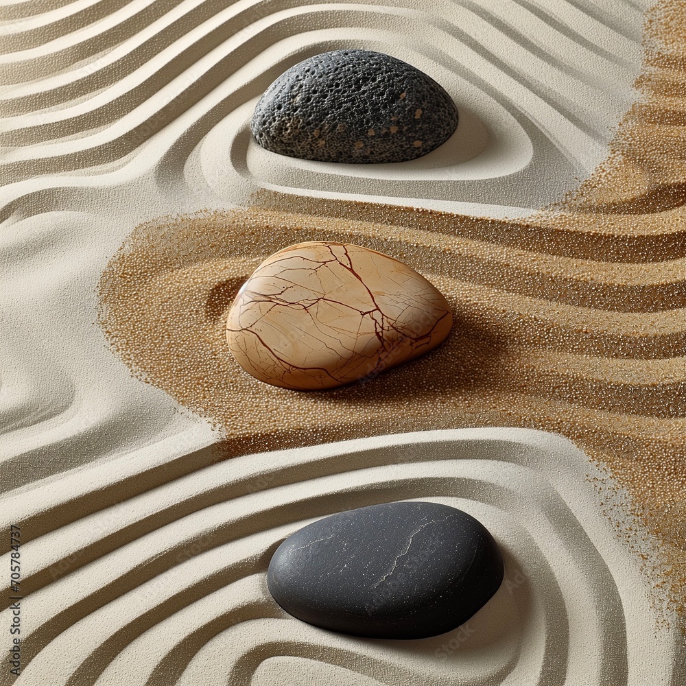 Japanese garden. Grey, Black smooth stones laid on Sand waves. Zen ...