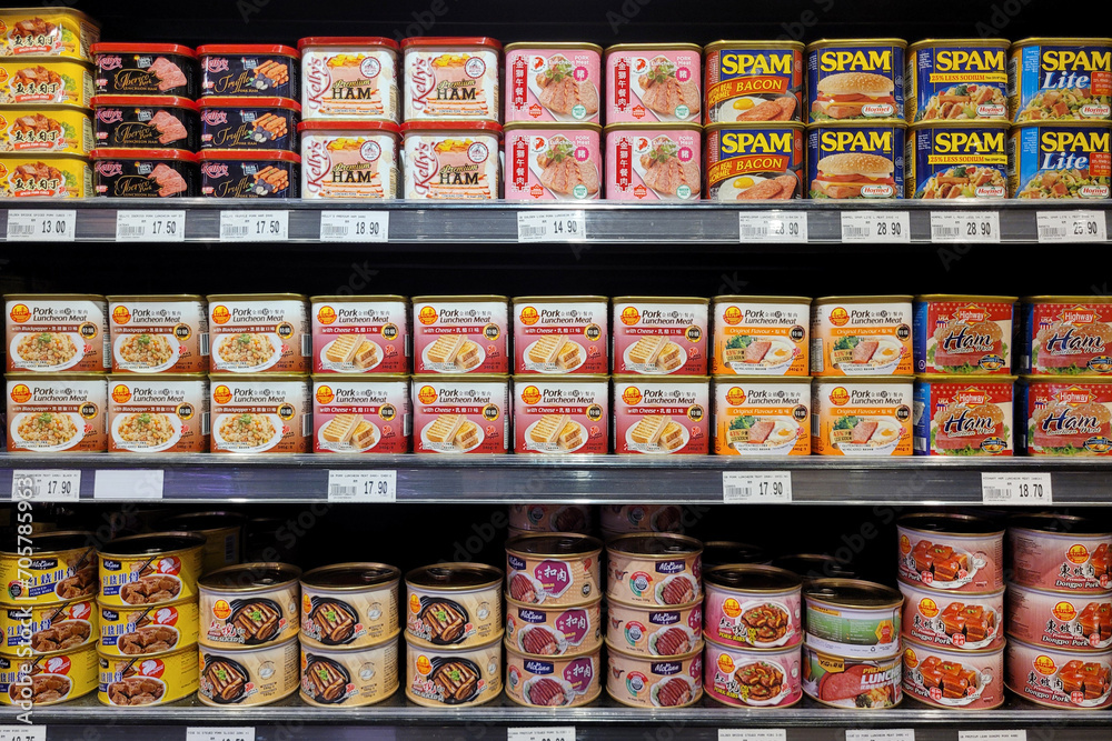 PENANG, MALAYSIA - 1 DEC 2023: Many types of canned ham are on store ...