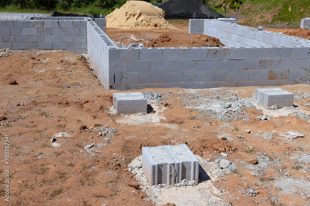 Concrete block foundation has been mounted at construction site to ...
