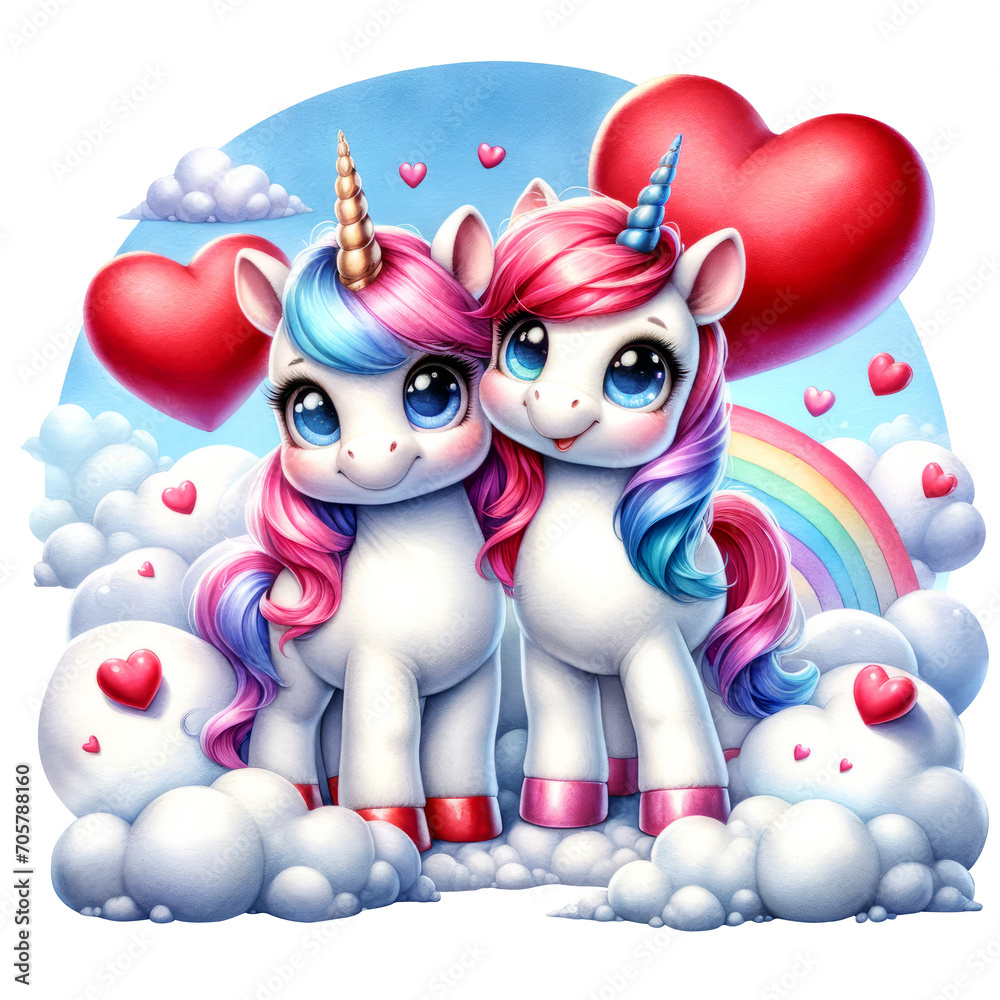 Cute Couple Unicorn with Heart Watercolor Clipart Transparent ...