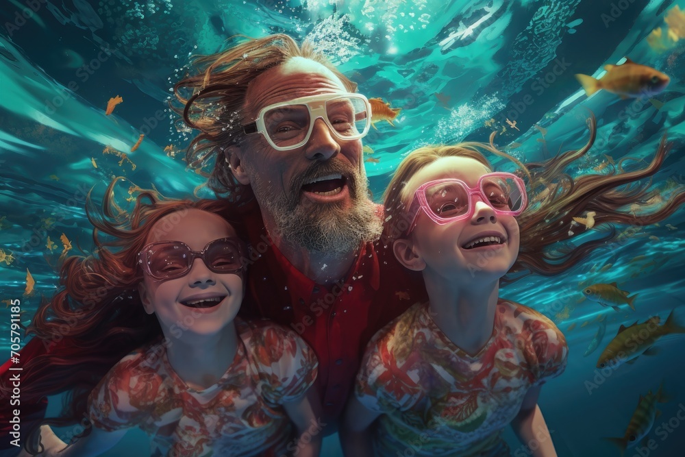 Portrait of a happy family underwater. Father, mother and daughter in ...