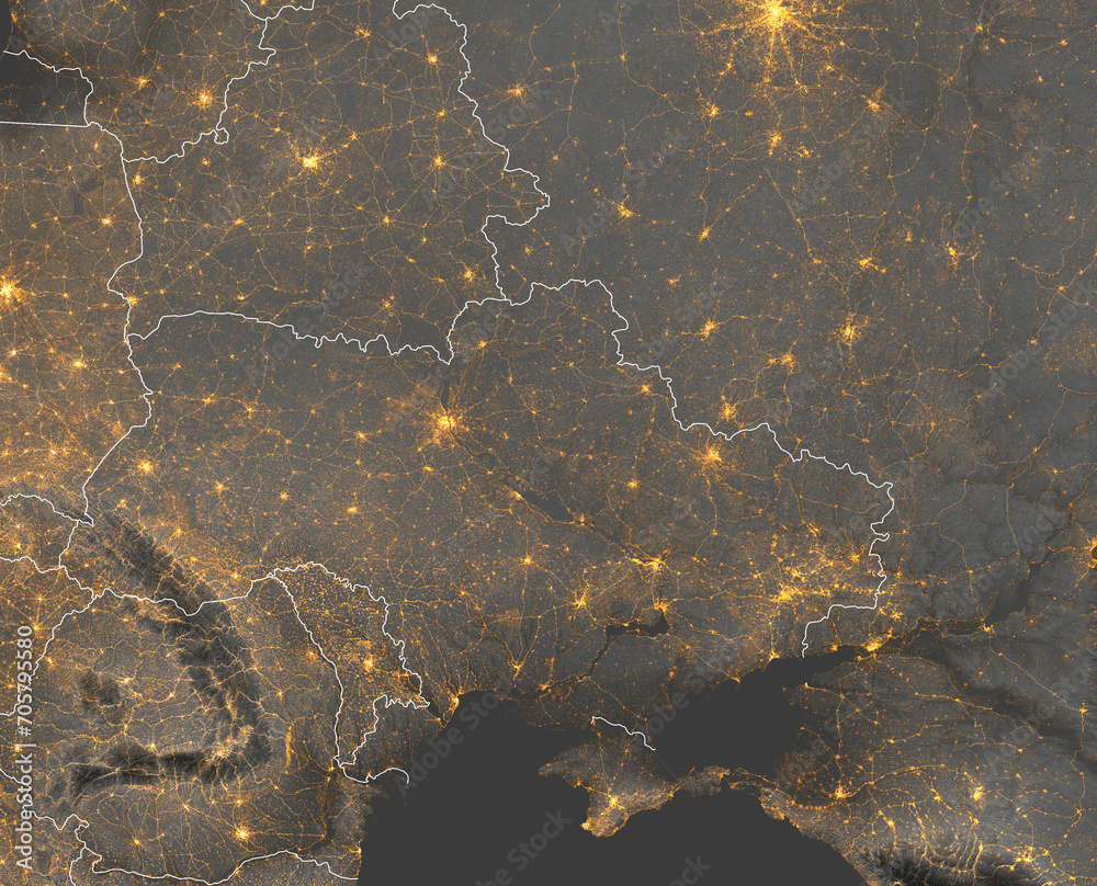 Night satellite view of Ukraine, black Sea and borders. City and street ...