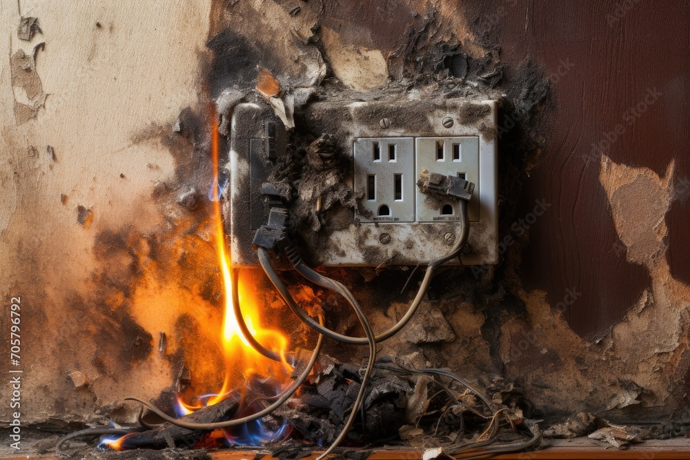 Flaming fire in the stove. Fire in the kitchen, Faulty electrical ...