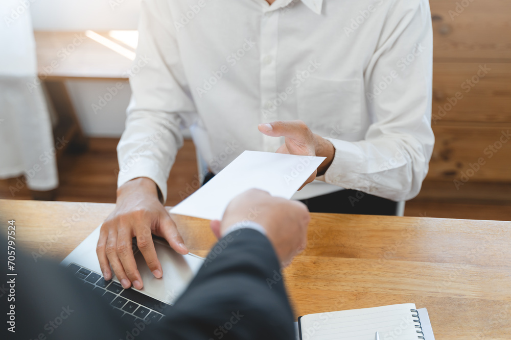 Good job, asian manager man giving financial reward in an envelope ...