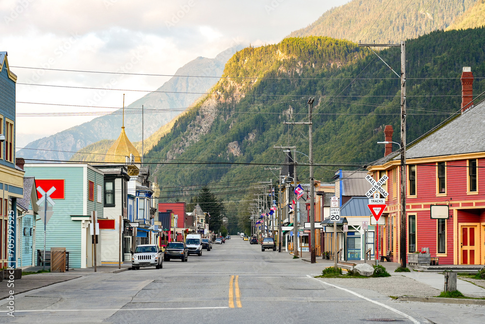 Mountains overlooking the old city center of Skagway, Alaska ...