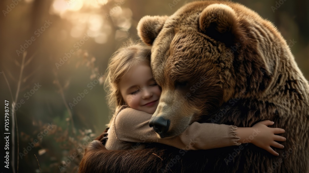 Beautiful little girl hug wild brown bear at forest. Animal love ...