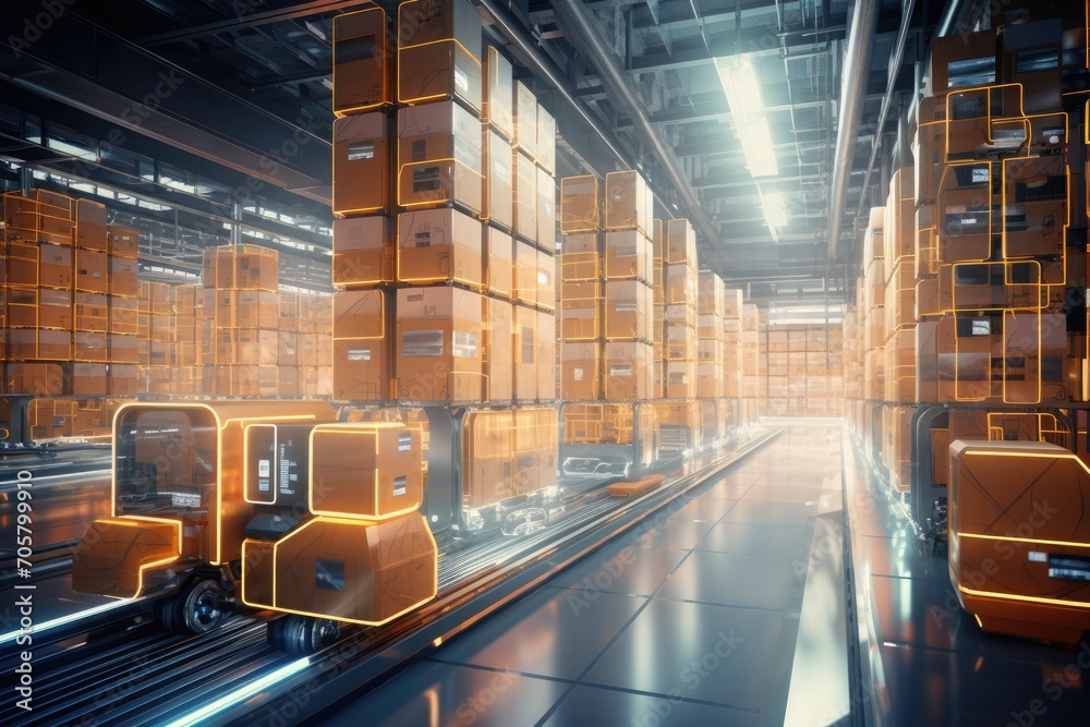 3D rendering of a conveyor belt in a warehouse with containers ...