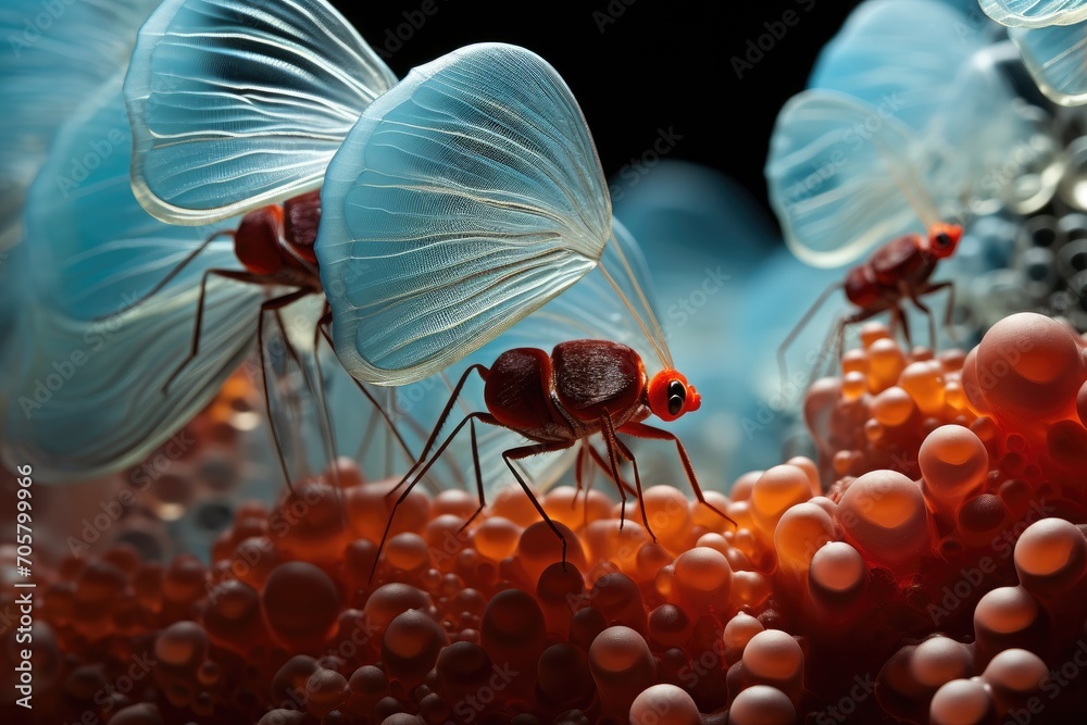 3d rendering of red ant and red bubbles in abstract space background ...