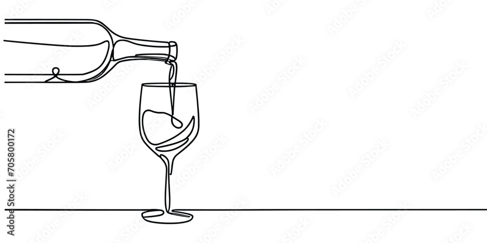 Continuous one line drawing of pouring wine from bottle into glass ...