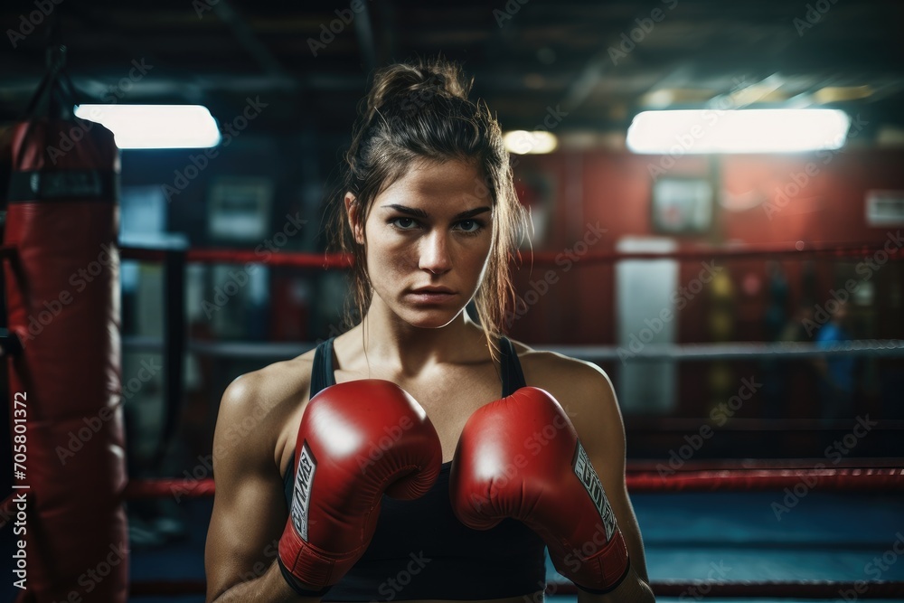 Portrait Of Female Boxer Wearing Red Boxing Gloves During Boxing Ring At The Gym Female Boxer