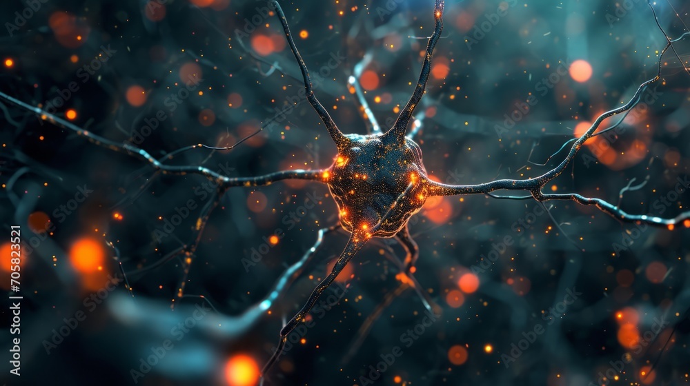 Neural cells featuring luminescent connections resembling knots. Glowing neurons within the ...