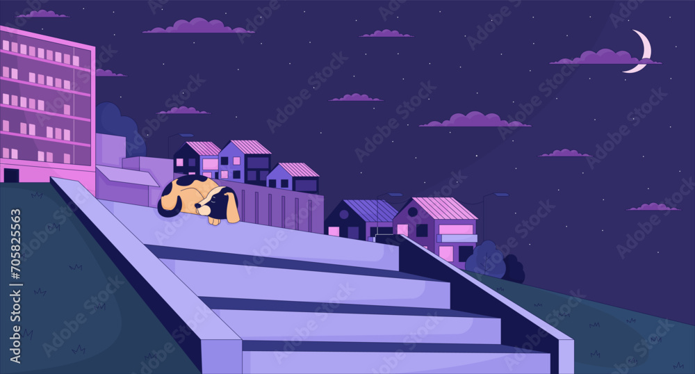 Sleeping dog on hillside stairs cityscape 2D cartoon background. Stray ...