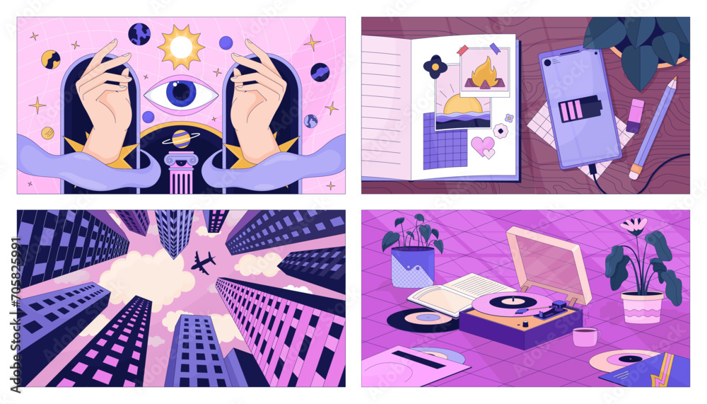 Vibrant vintage 90s lofi wallpapers set. Esoteric, plane skyscrapers 2D ...