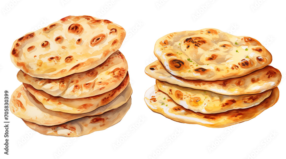 Set Of Stack Of Bread Naan Butter Garlic Watercolor Illustration Png