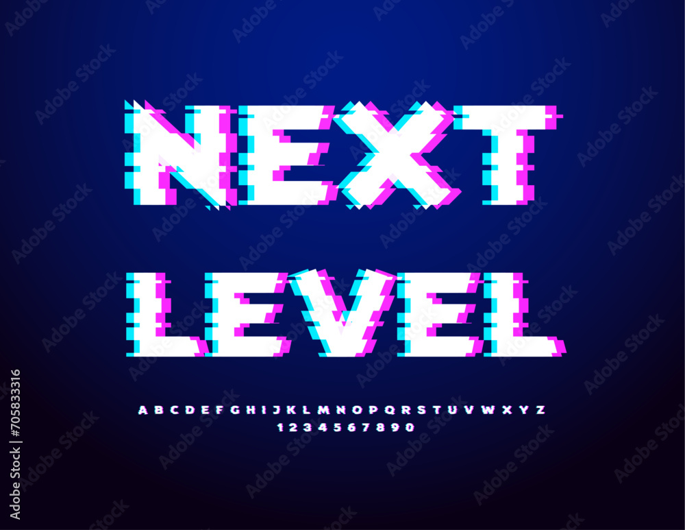 Vector modern icon Next Level. Bright Glitched Font. Modern Cool ...