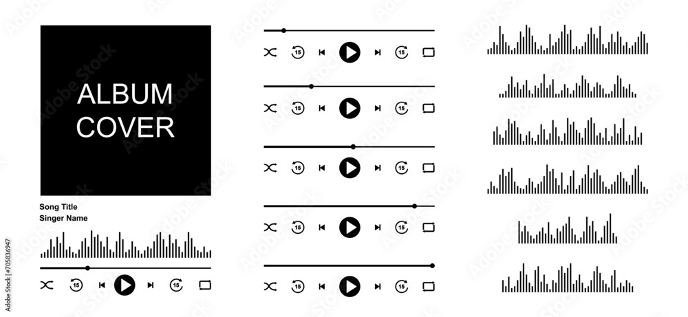 Music mp3 player interface with album cover frame, buttons, progress ...