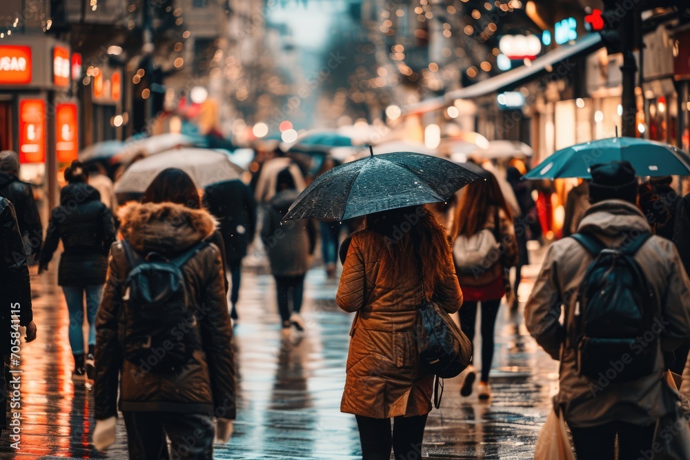 Rainy European Stroll: An anonymous crowd of people walking on a ...