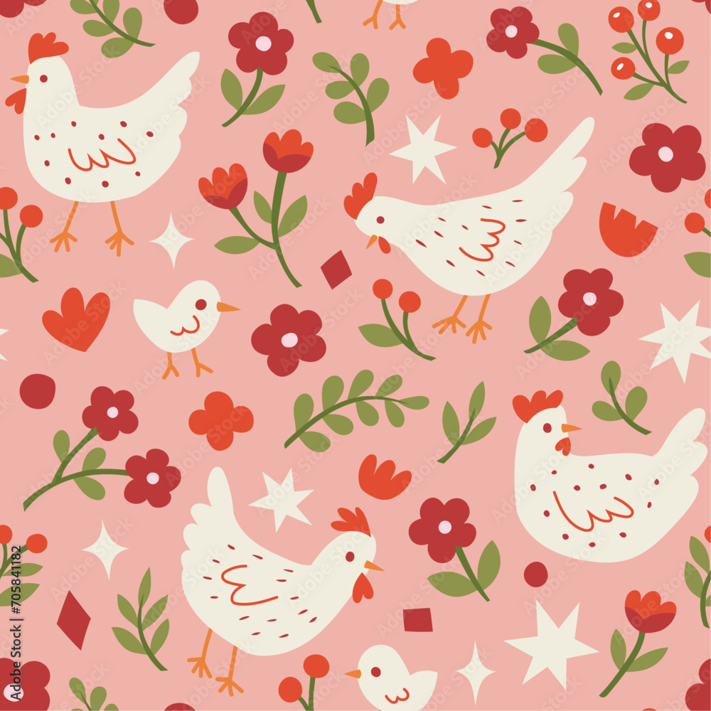 Cute seamless pattern with chicken and floral elements. Vector ...