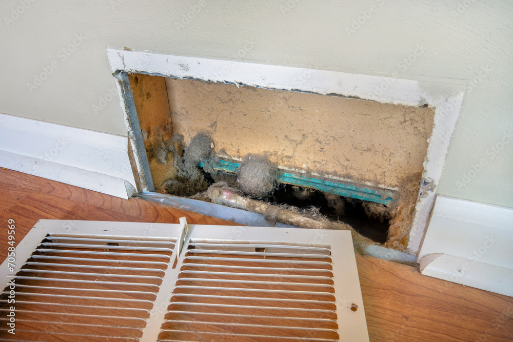 Dirty register wall vent with dust clogging the duct opening in a home ...