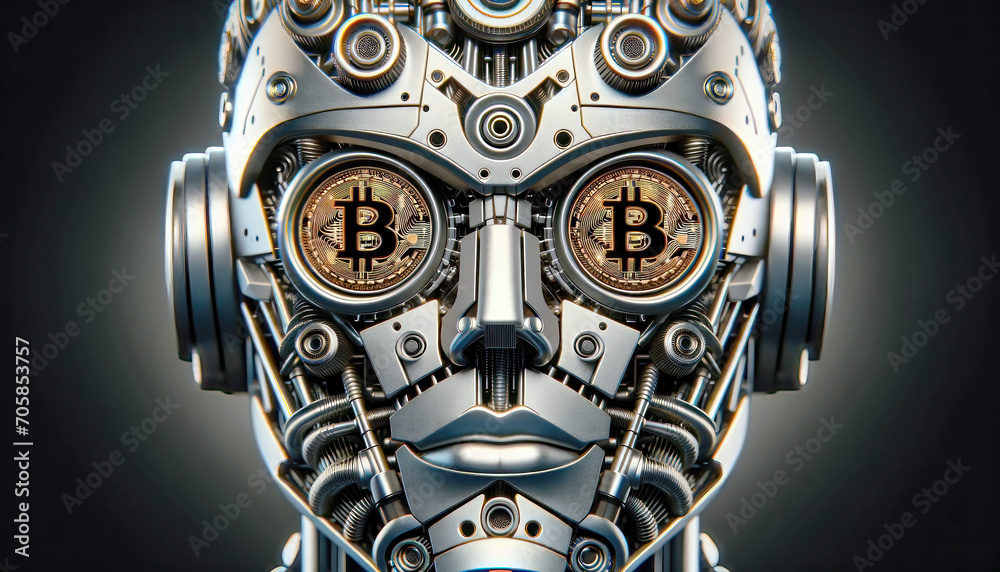 Close up robot face with Bitcoin symbol in both eyes, digital world ...