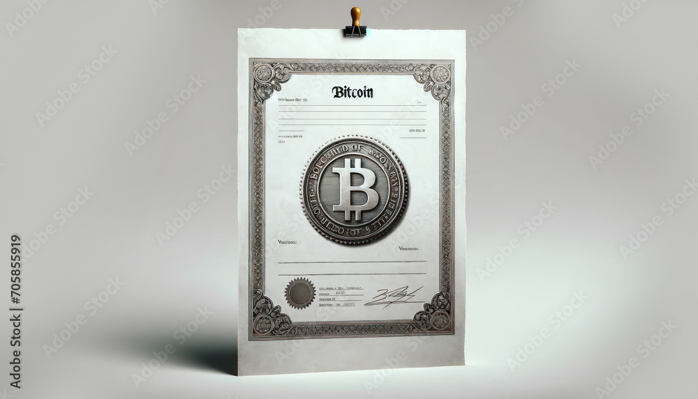 Bitcoin white paper in old fashioned style with bitcoin symbol stamped ...
