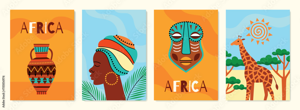 Decorative african elements posters. Traditional tribal objects, mask ...