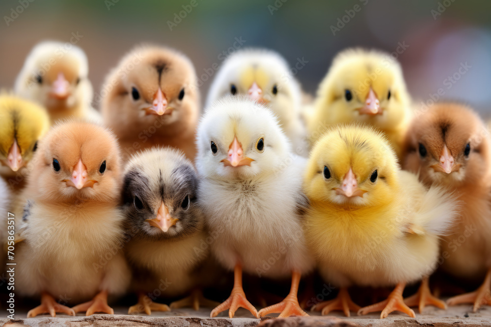 Familia de pollitos mirando a cámara. Stock Photo | Adobe Stock