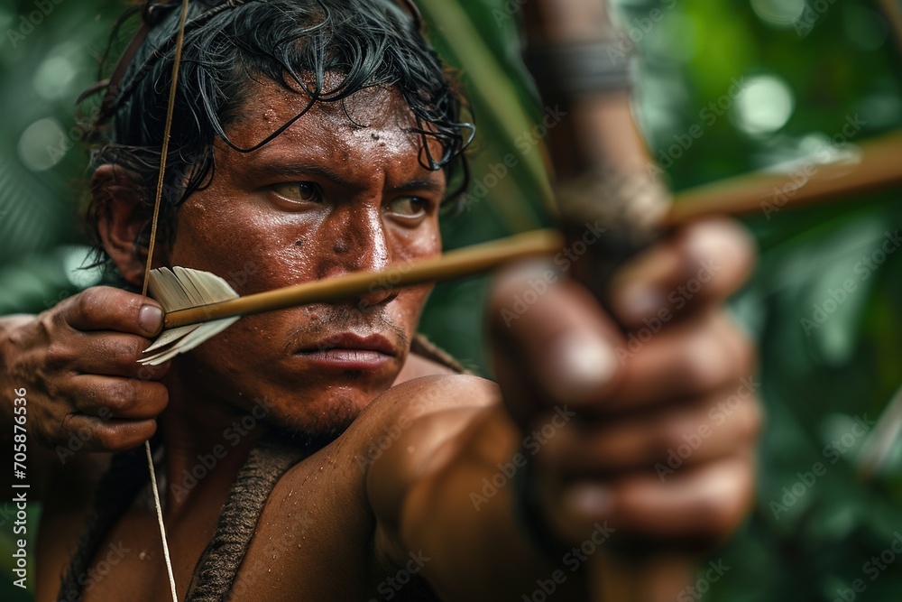 Amazonian man hunting with a bow and arrow in the jungle. Stock-Foto | Adobe Stock