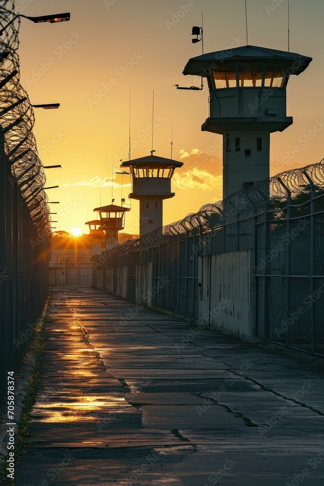 Sunrise over the prison walls and towers Stock Illustration | Adobe Stock
