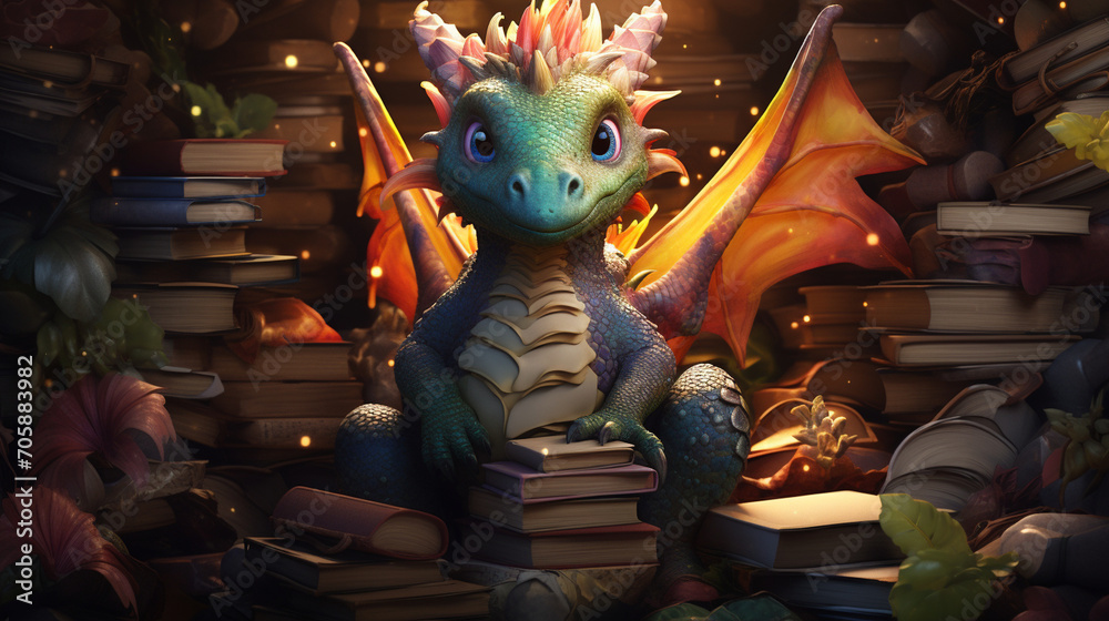 Bookworm Dragon: The little dragon nestled among a pile of books ...