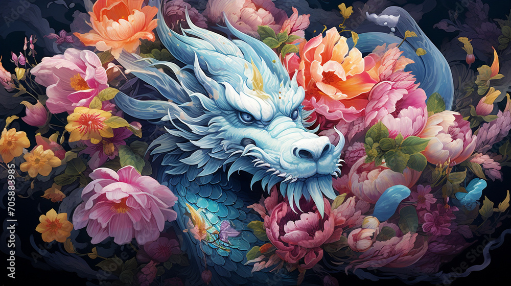 Dragon in Bloom: The dragon surrounded by blooming flowers, emphasizing ...