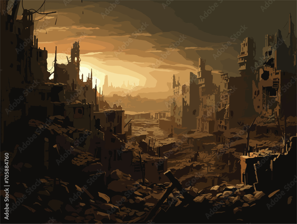 complex vector-style background image depicting a post-apocalyptic ...