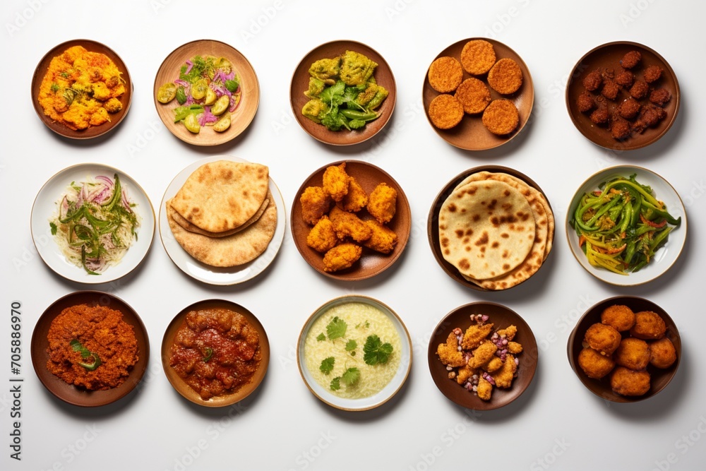 Desi, Indian traditional food set, top view. pizza, hummus, biryani ...