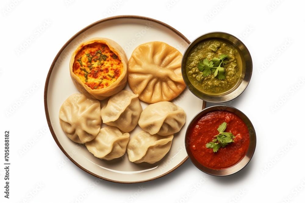 Set of Indian foods, top view, isolated on white background. momos ...