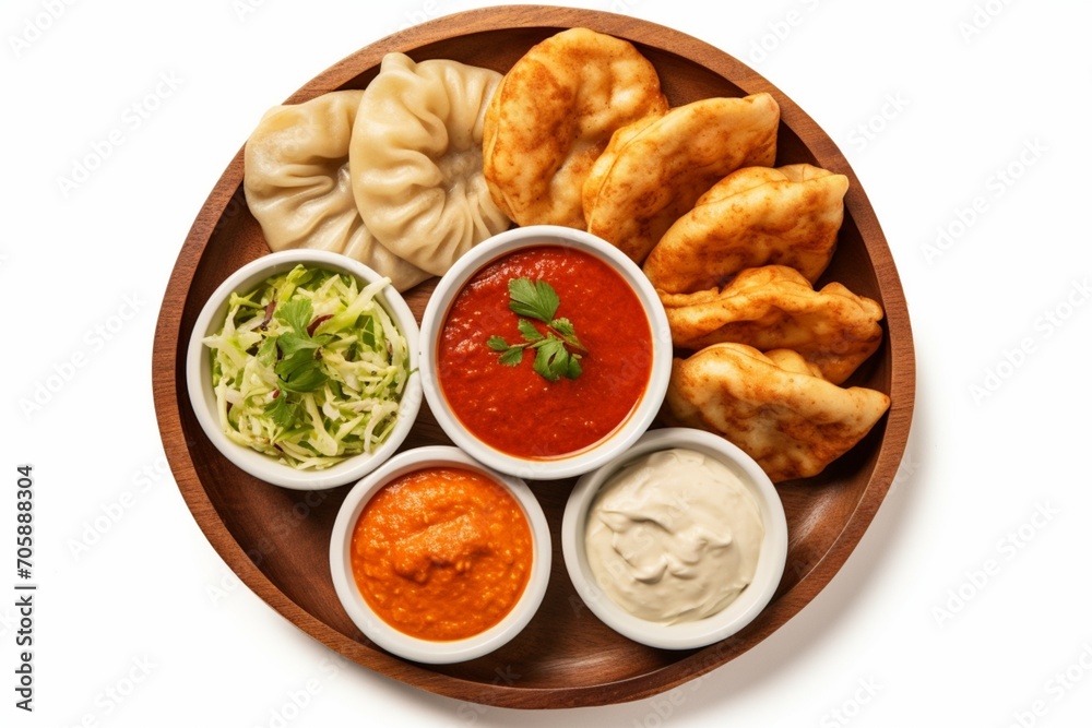 Set of Indian foods, top view, isolated on white background. momos ...