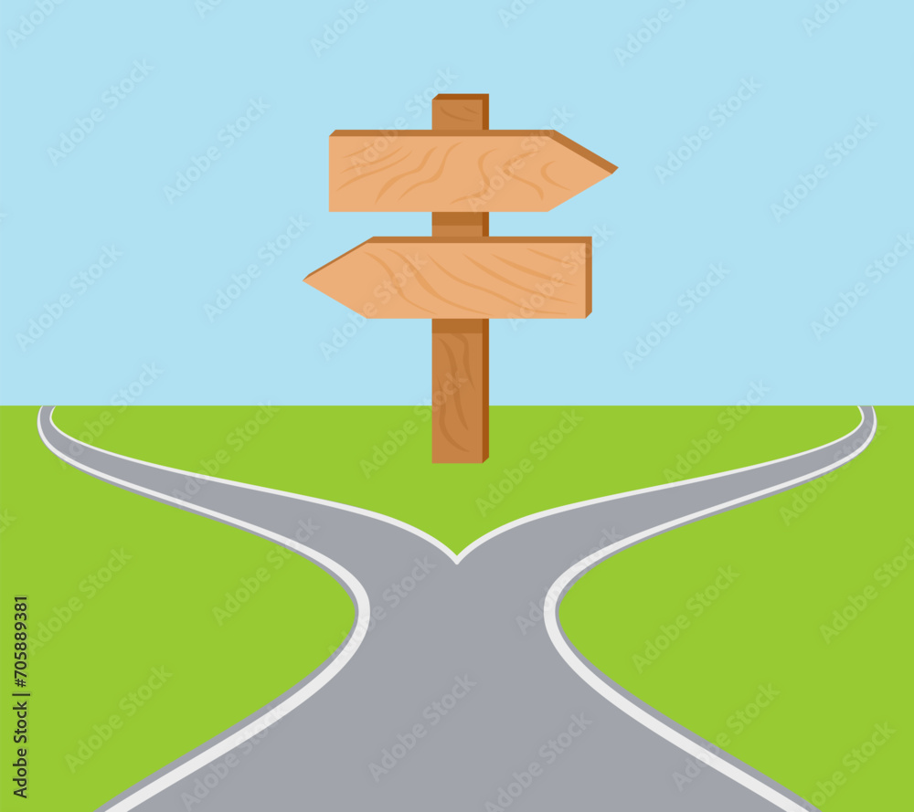 Road signboard at crossroad. Choosing between two paths. Split way and ... Road signboard at crossroad. Choosing between two paths. Split way and ...