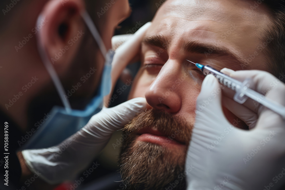 Young beautiful man receives botox injection for facelifting. Male ...