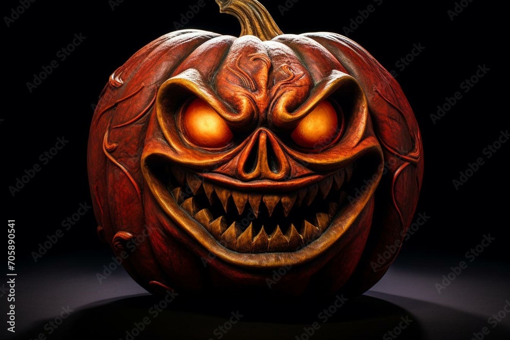Large pumpkin with eerie red eyes, carved into a spooky Jack-o'-lantern ...