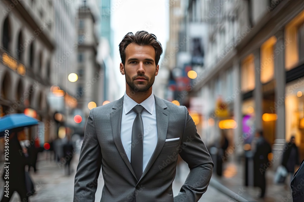 In a bustling city street A male model in formal business attire ...