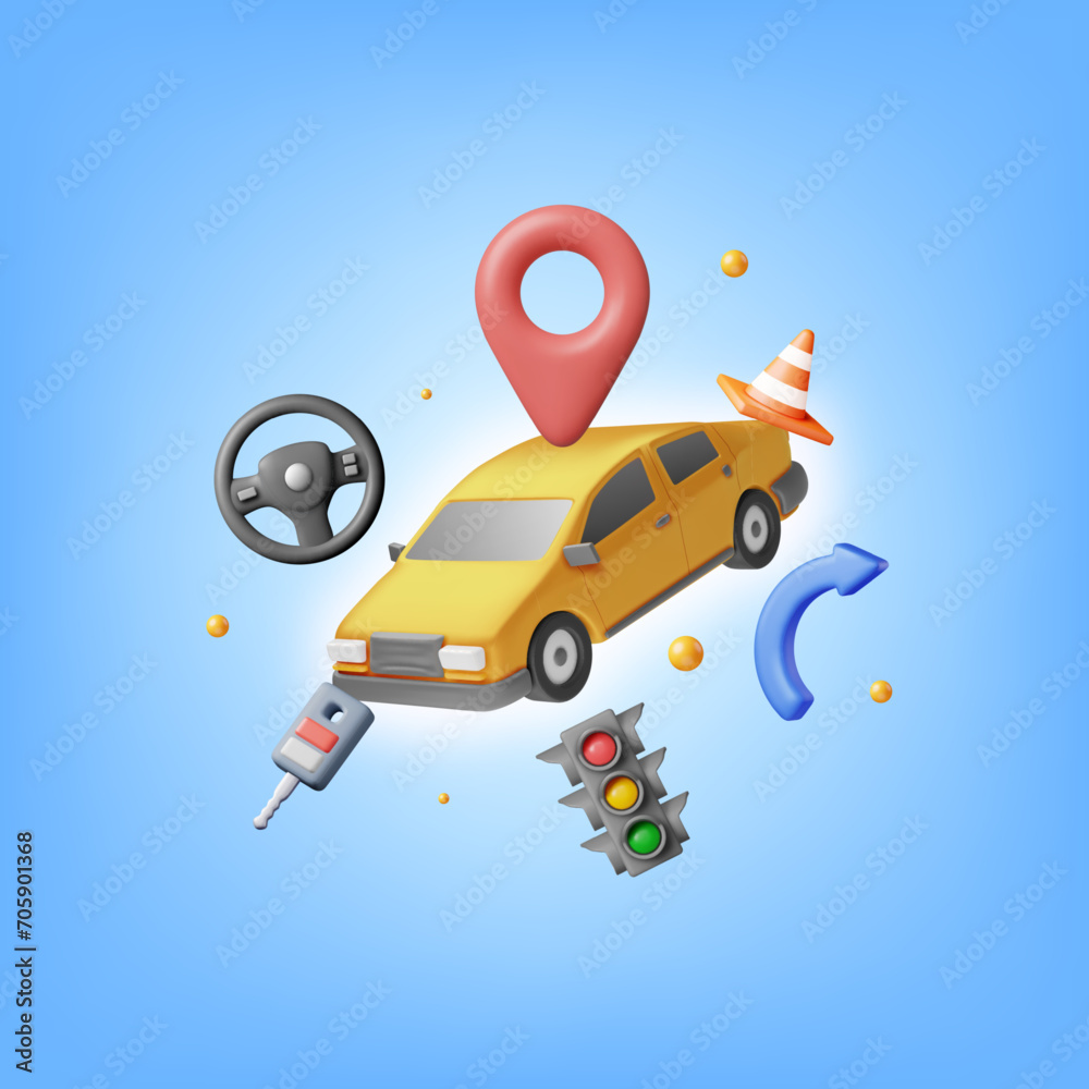 3D Concept of Driving School Isolated. Render Car with Traffic Cones ...