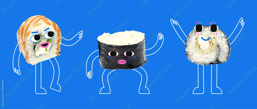 Cute sushi characters, rolls in retro collage style with halftone ...
