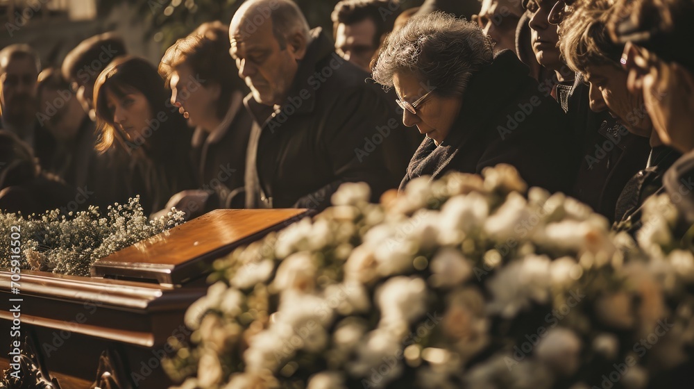 Death, funeral and coffin with family mourning, sad and depressed for ...