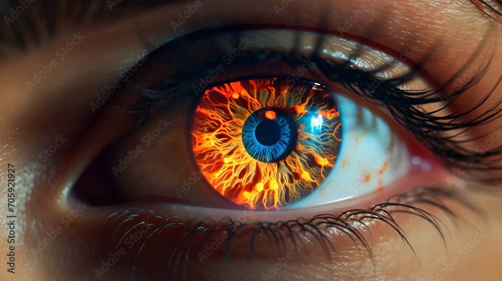 Beautiful close-up human eye with reflections of an explosion, bright ...