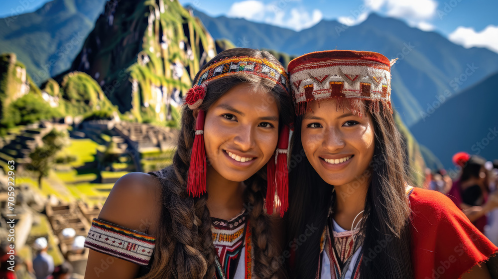 Peruvian women in national clothes against the background of Machu ...