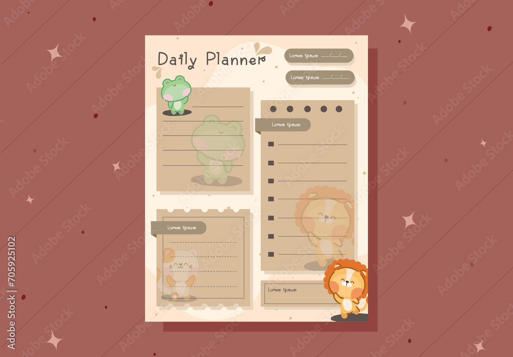 Beige and Brown Daily Planner Cute Animal-Themed Kawaii Design Stock ...