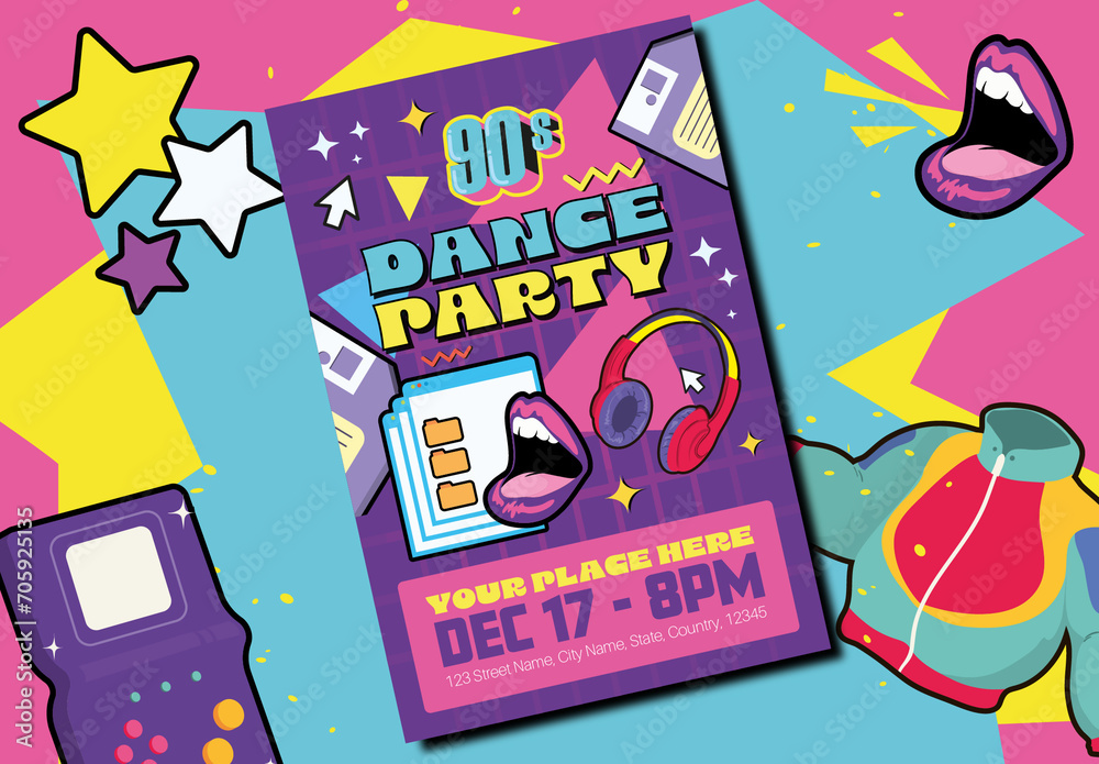 90's Dance Party Poster Layout Stock Template | Adobe Stock