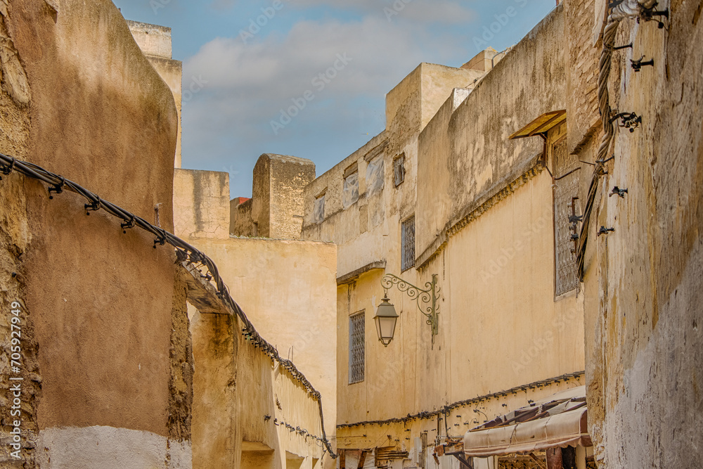 Fes, Morocco. View of the narrow and suggestive alleys in the ancient ...