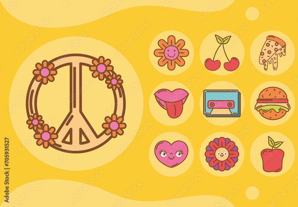 Pink Groovy Hippie Icon Set Stock Template | Adobe Stock