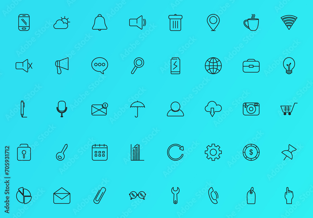 Black Line Flat Minimal User Interface Icons Set Stock Template | Adobe ...