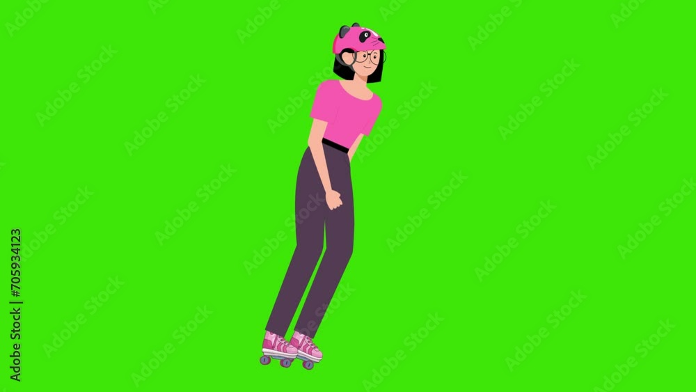 girl roller skating on green screen / cartoon woman skating on green ...